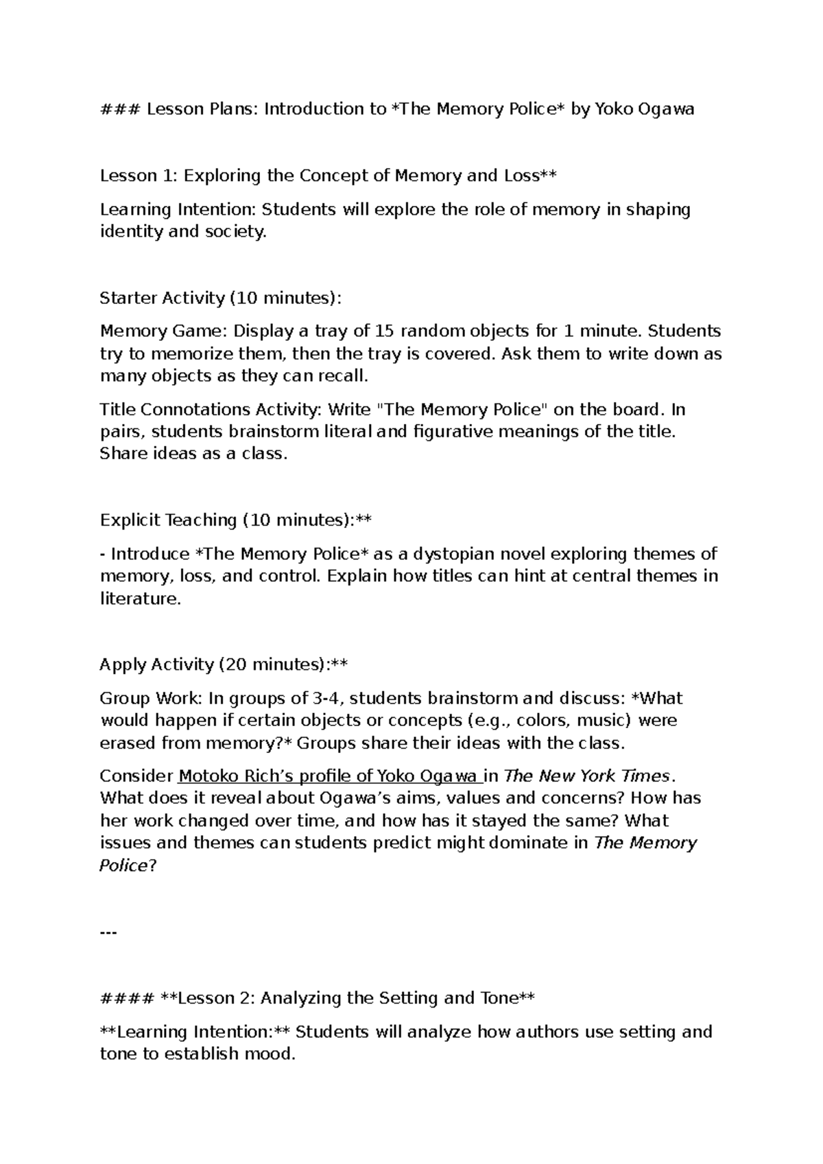 Lesson Plans: Engaging Students with *The Memory Police* (ENG 200 ...