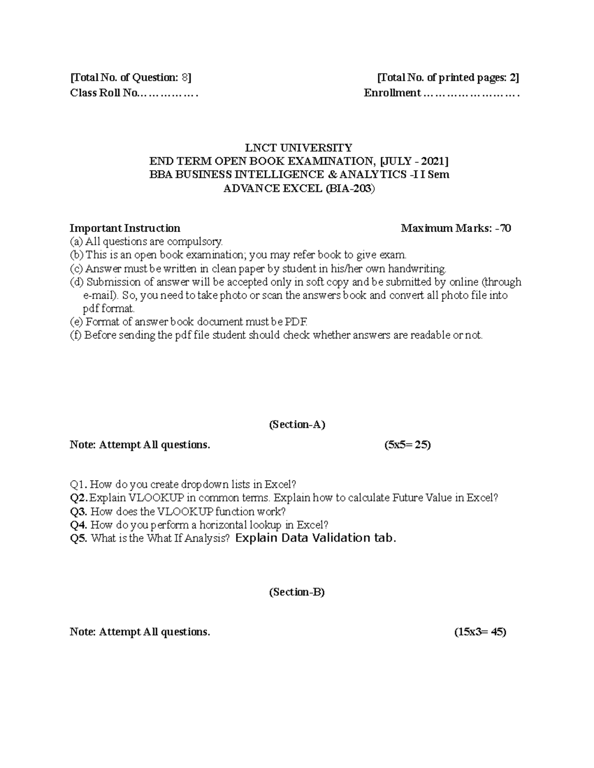 BBA-203 Advance Excel End Term Open Book Exam Question Paper - Studocu