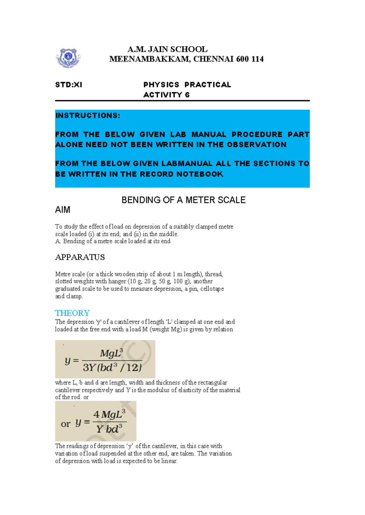 STD XI PHYSICS PRACTICAL ACTIVITY 6: Bending of a Meter Scale - Studocu