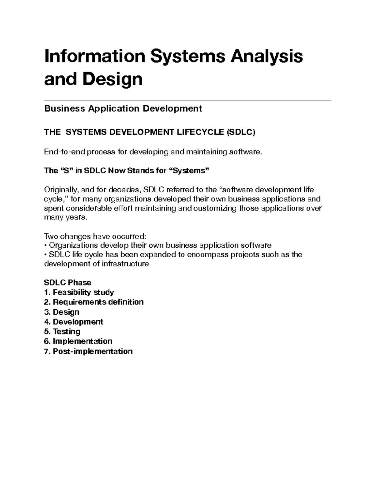 ISAD 101: Systems Development Lifecycle for Business Applications - Studocu