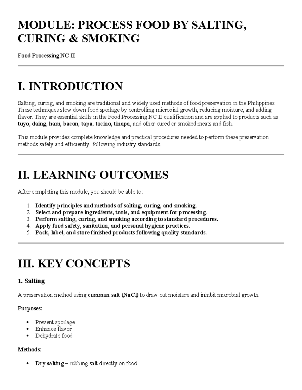 Food Processing NC II: Salting, Curing, and Smoking Module - Studocu