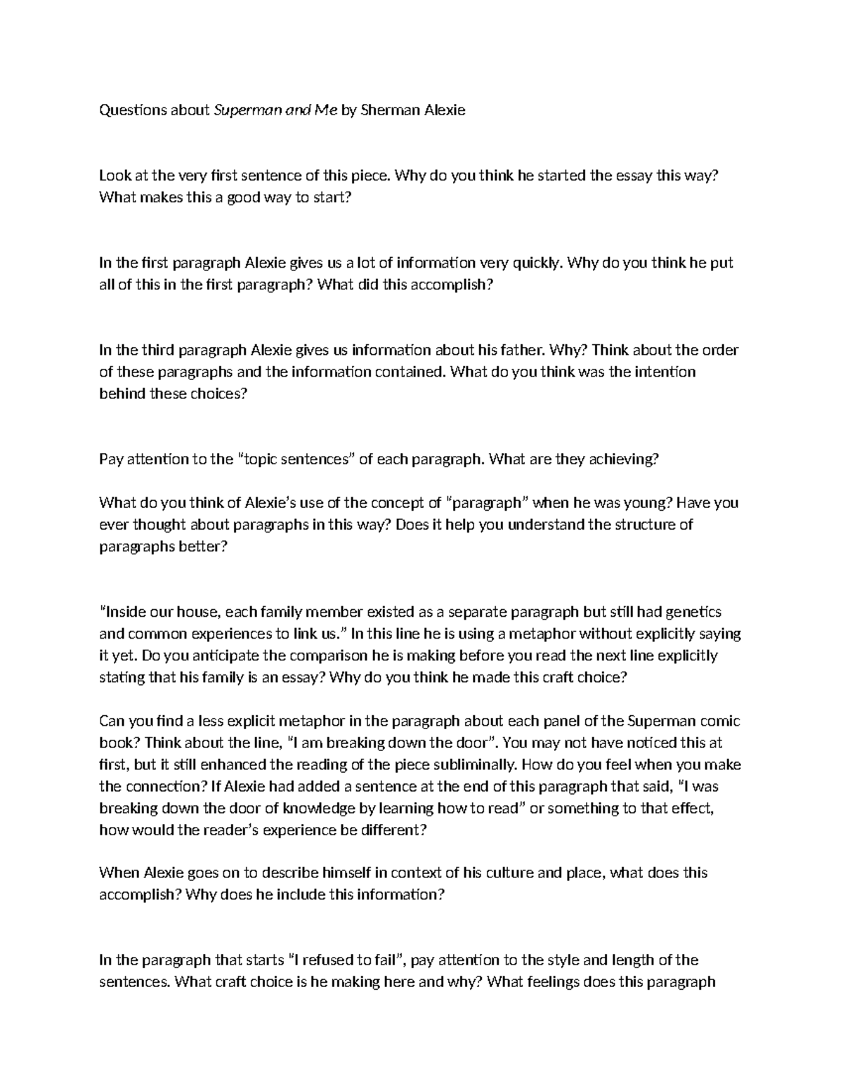 Analysis Questions on "Superman and Me" by Sherman Alexie - Studocu