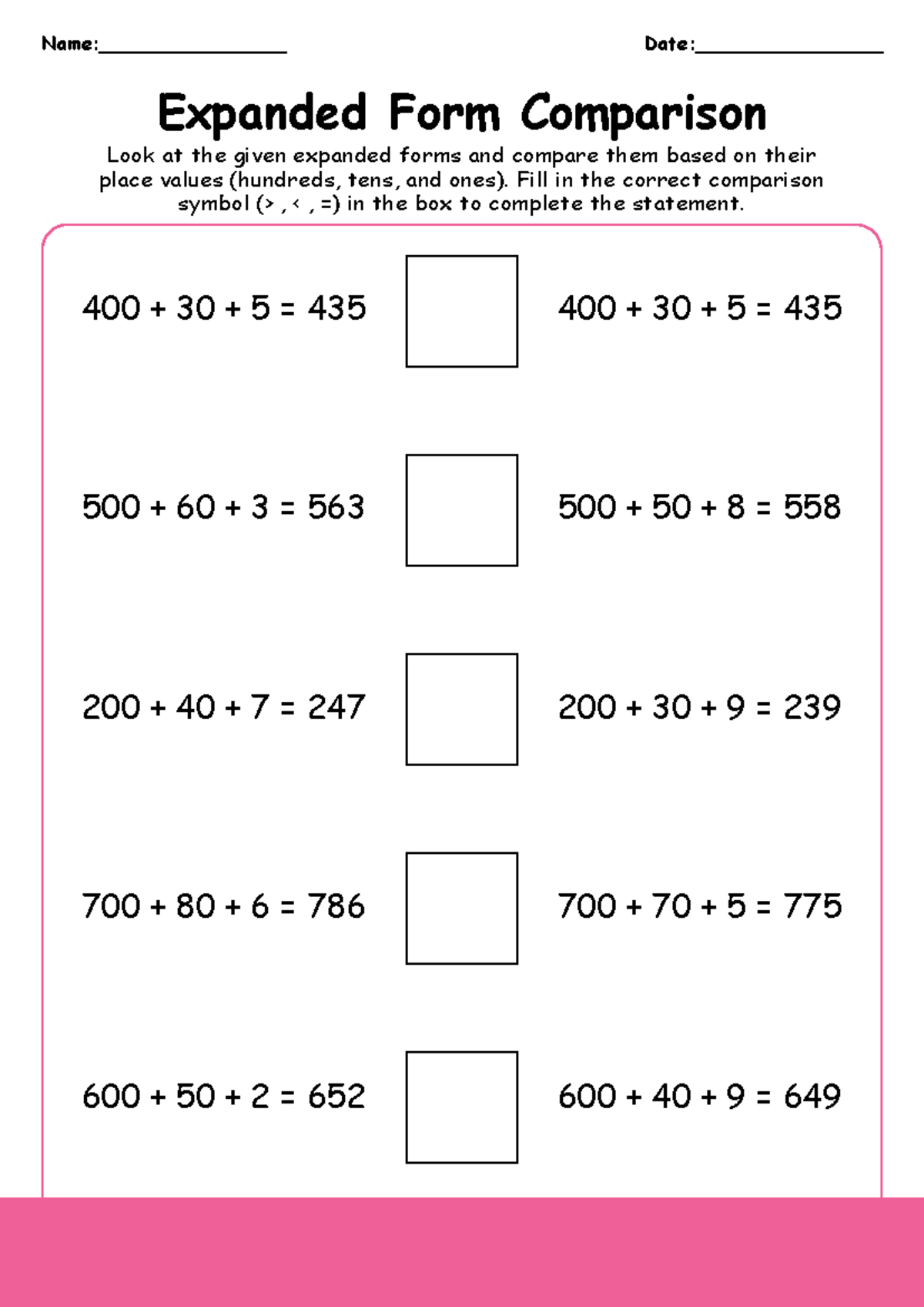 Expanded Form Comparison of Three-Digit Numbers - 2nd Grade Worksheet ...