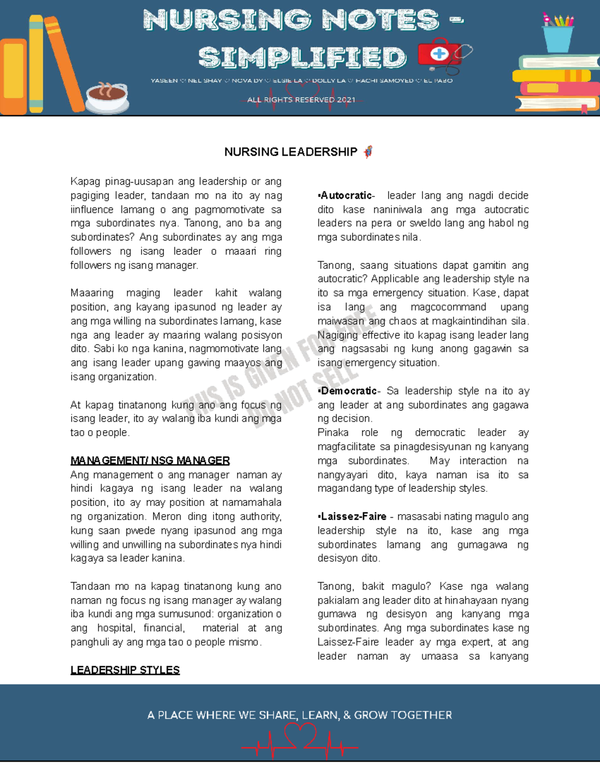 NURS 101: Nursing Leadership and Management Styles Overview - Studocu