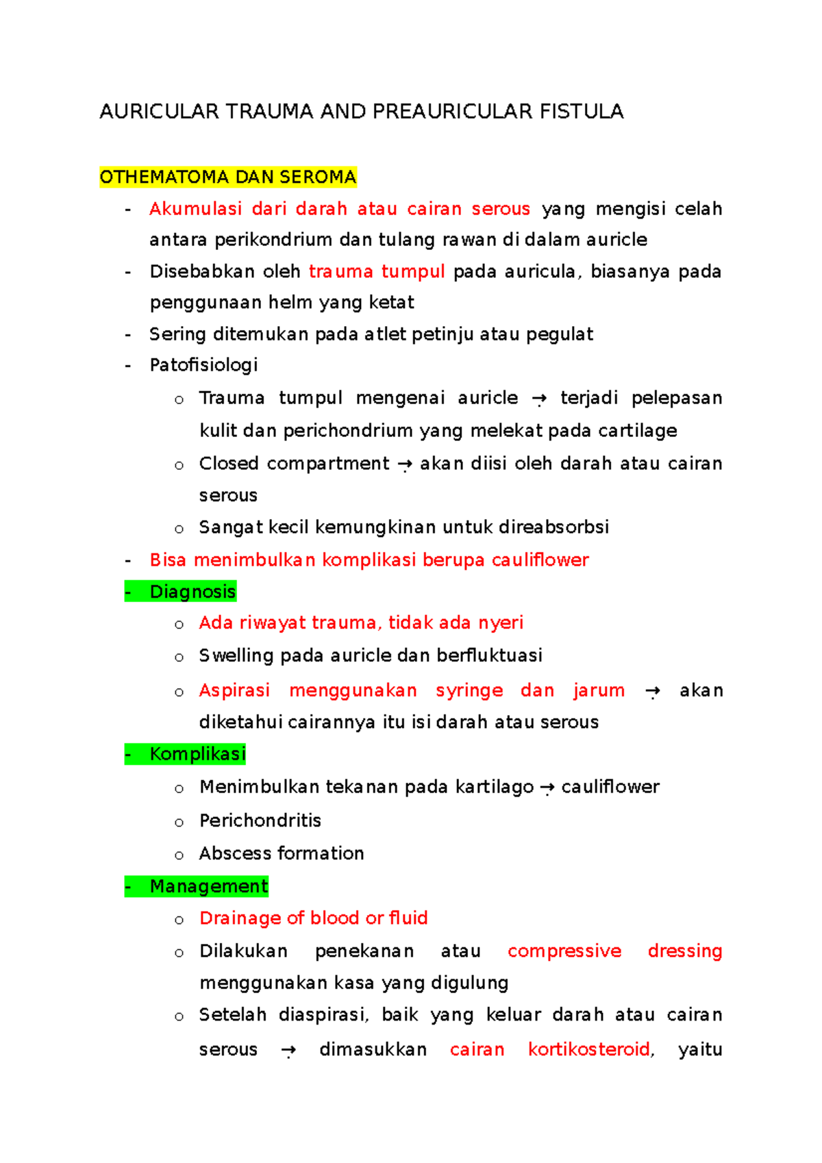 23. Auricular Trauma & Preauricular Fistula Management Notes - Studocu
