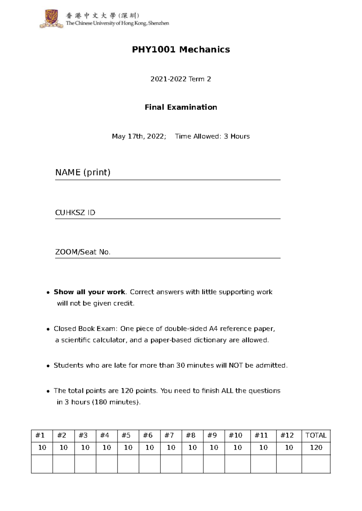 PHY1001 Mechanics Term 2 Final Exam Review Notes - Studocu