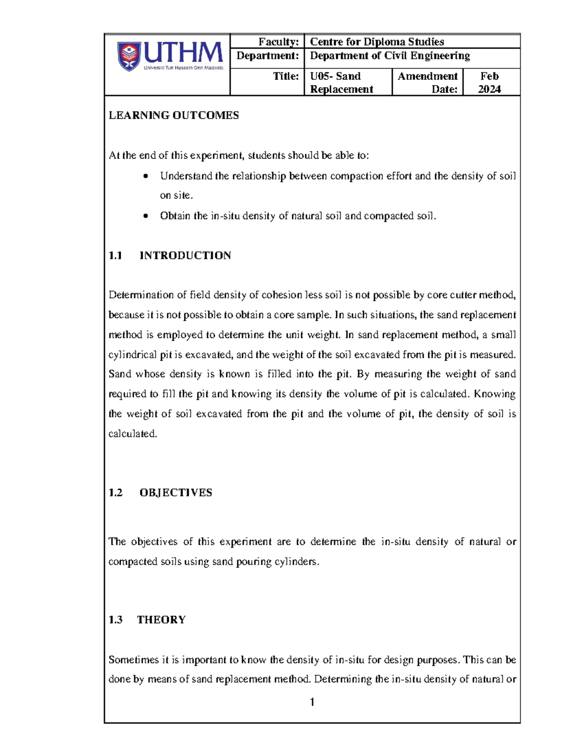 U04: Sand Replacement Method for Soil Density Determination - Studocu