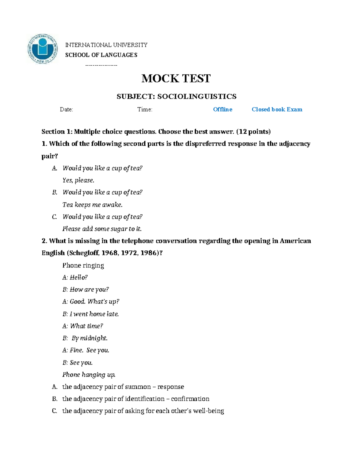 Mock final test - Mock Test - INTERNATIONAL UNIVERSITY SCHOOL OF ...
