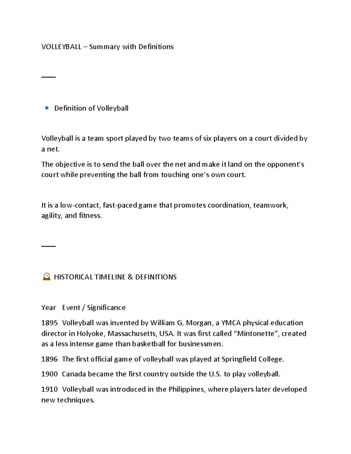 VOLLEYBALL Review Notes: History, Rules, and Player Positions - Studocu