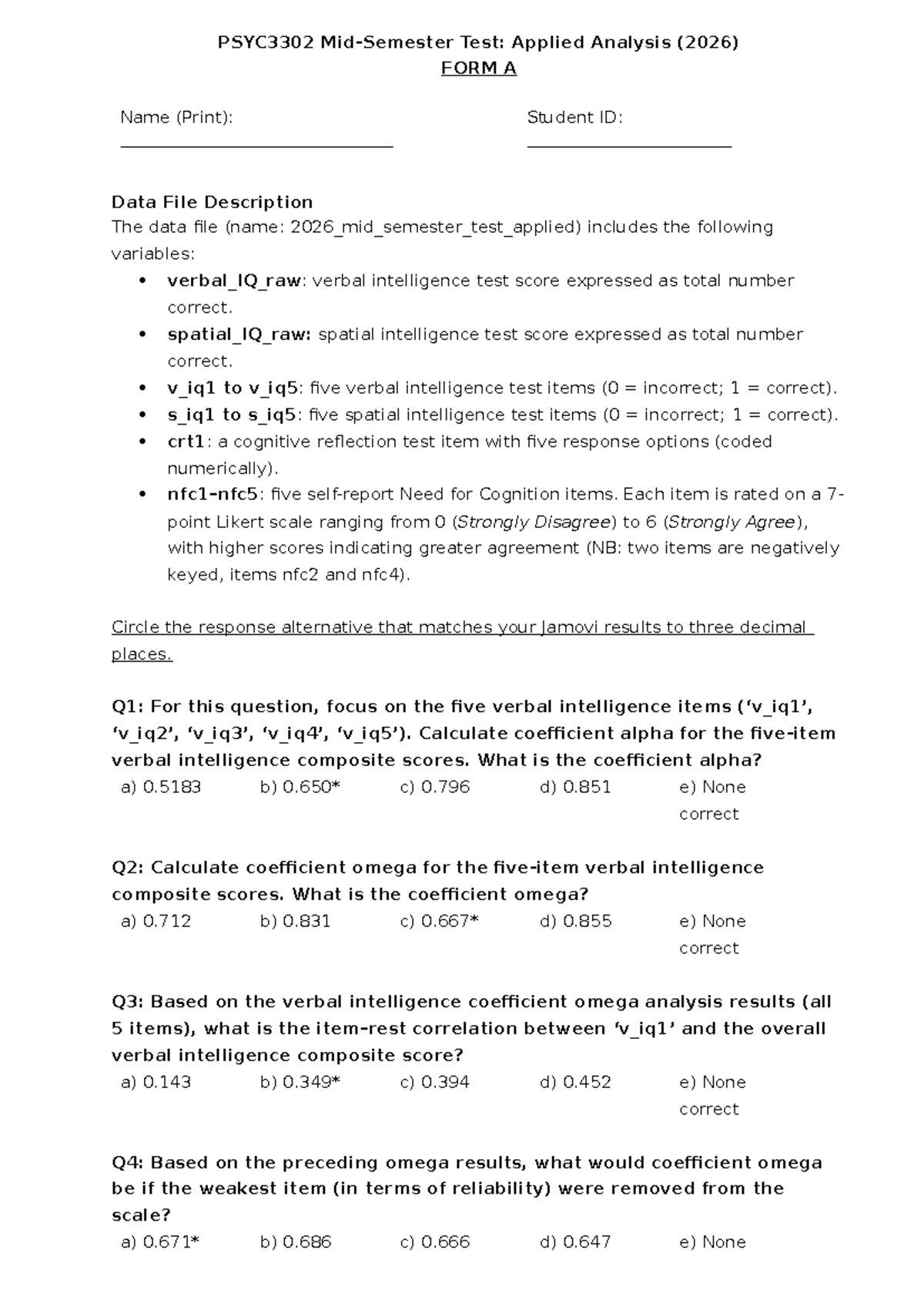 PSYC3302 Mid-Semester Lab Test: Applied Analysis 2026 FORM A Answers ...