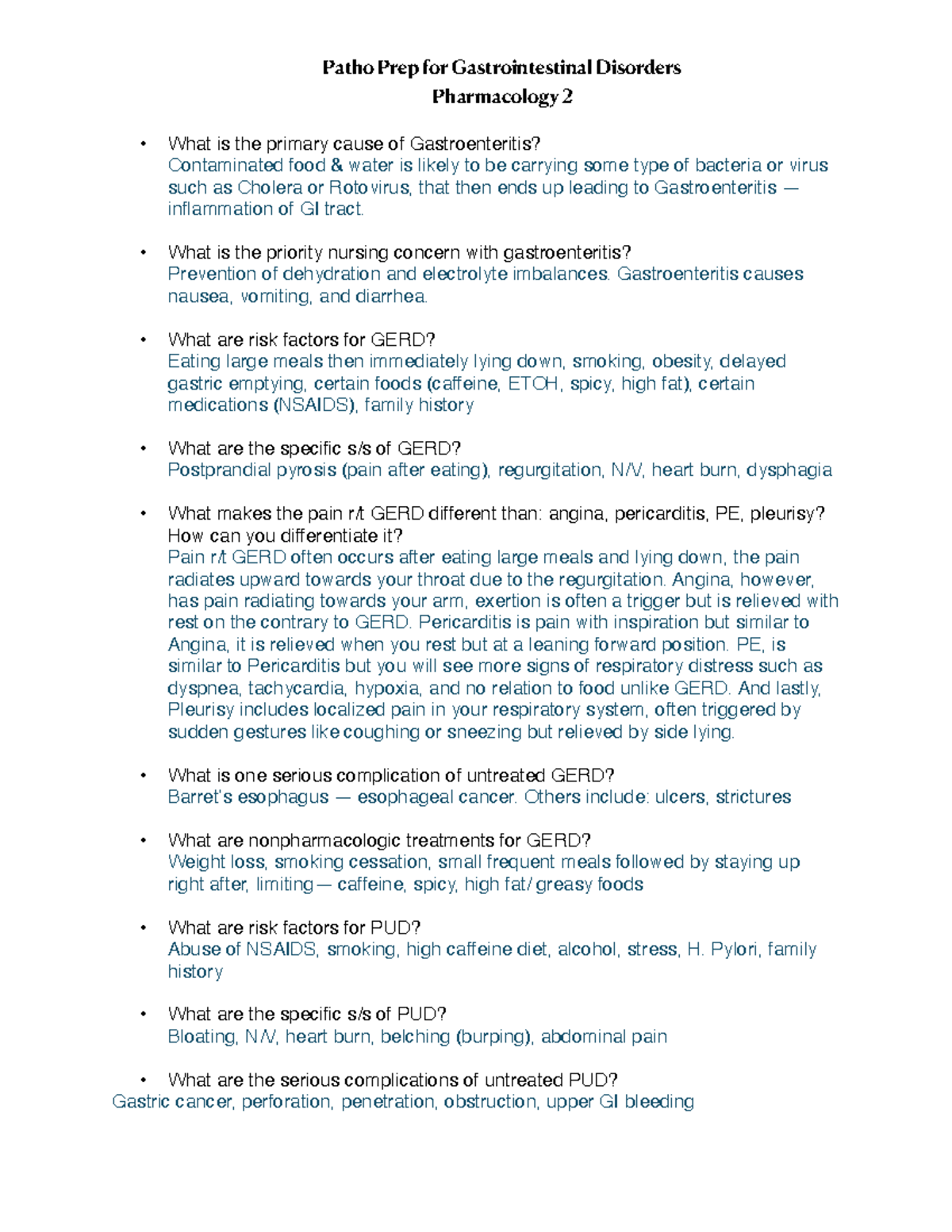 Patho Prep for GI Disorders - Pharmacology 2 Study Guide - Studocu