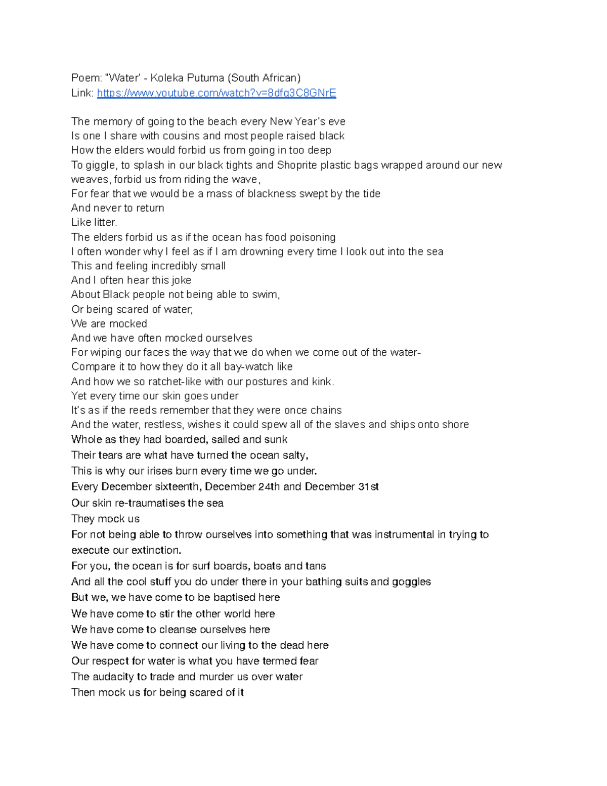 Koleka Putuma's Poem "Water": A Reflection on Identity and History ...