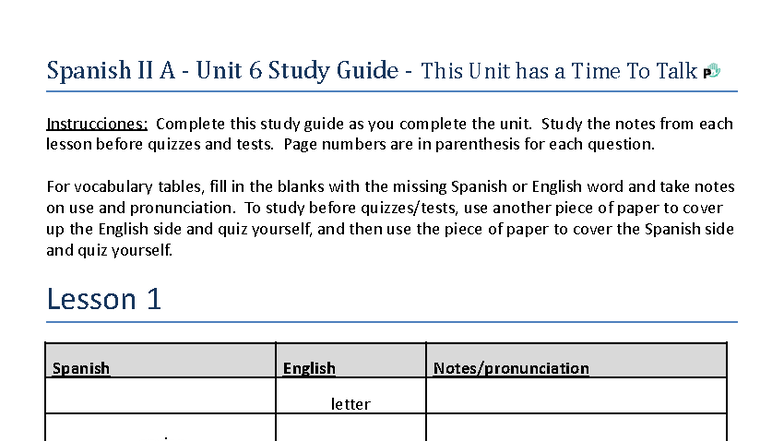 Spanish II A - Unit 6 Study Guide & Practice Exercises - Studocu