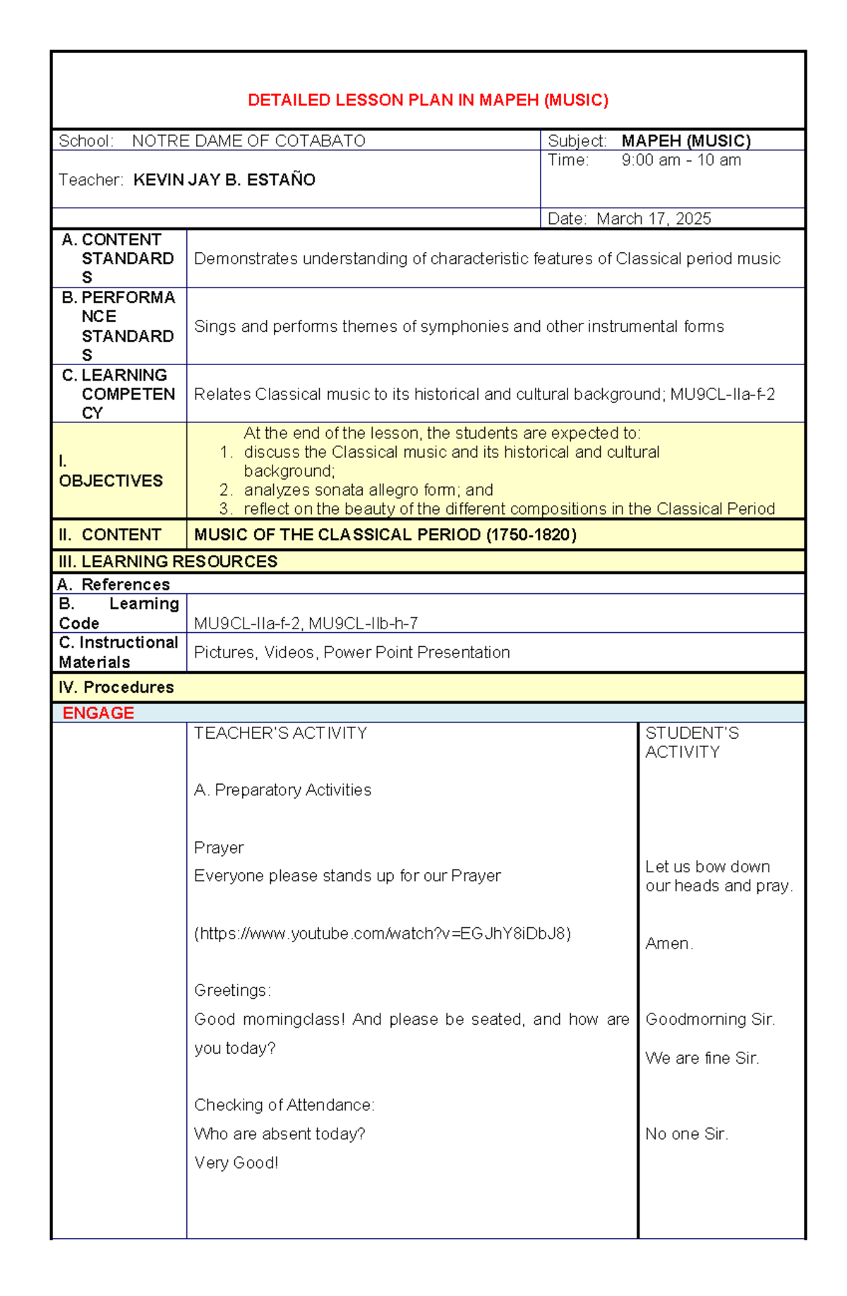 DETAILED LESSON PLAN: MUSIC OF THE CLASSICAL PERIOD (MAPEH) - Studocu