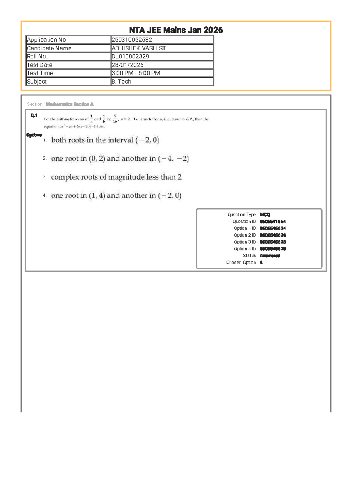 NTA JEE Mains Jan 2026 Response Sheet - Mathematics & Physics - Studocu