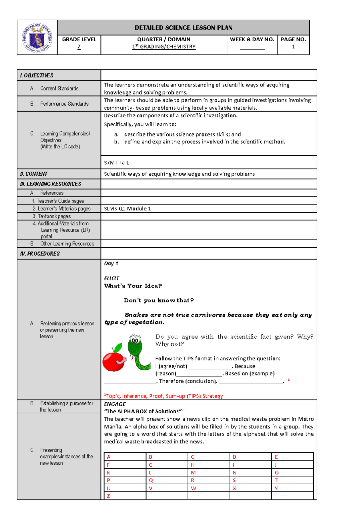 Sample Lesson PLAN WITH Teaching Strategy - GRADE LEVEL 7 QUARTER ...