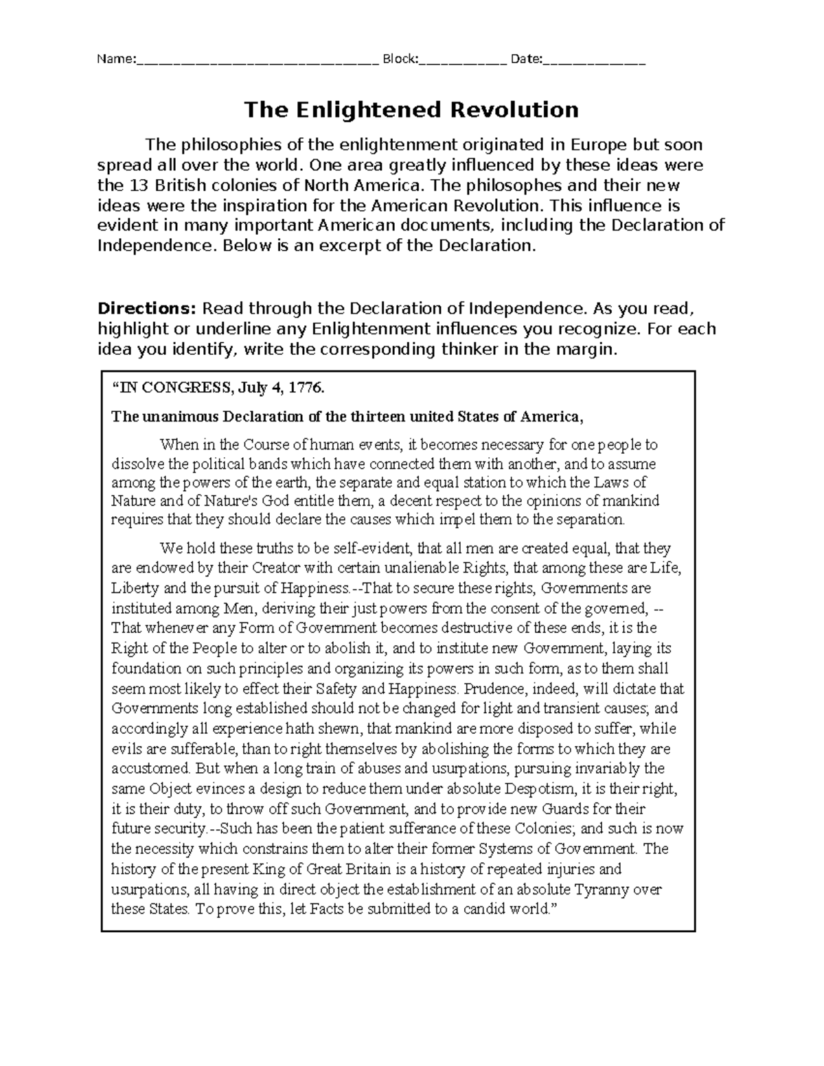 ENGL 101: Enlightenment Influences in the Declaration of Independence ...