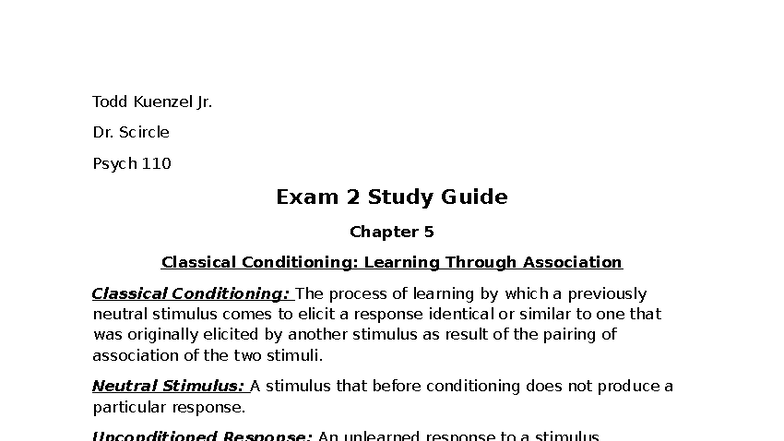 Psych 110 Exam 2 Study Guide: Classical & Operant Conditioning - Studocu