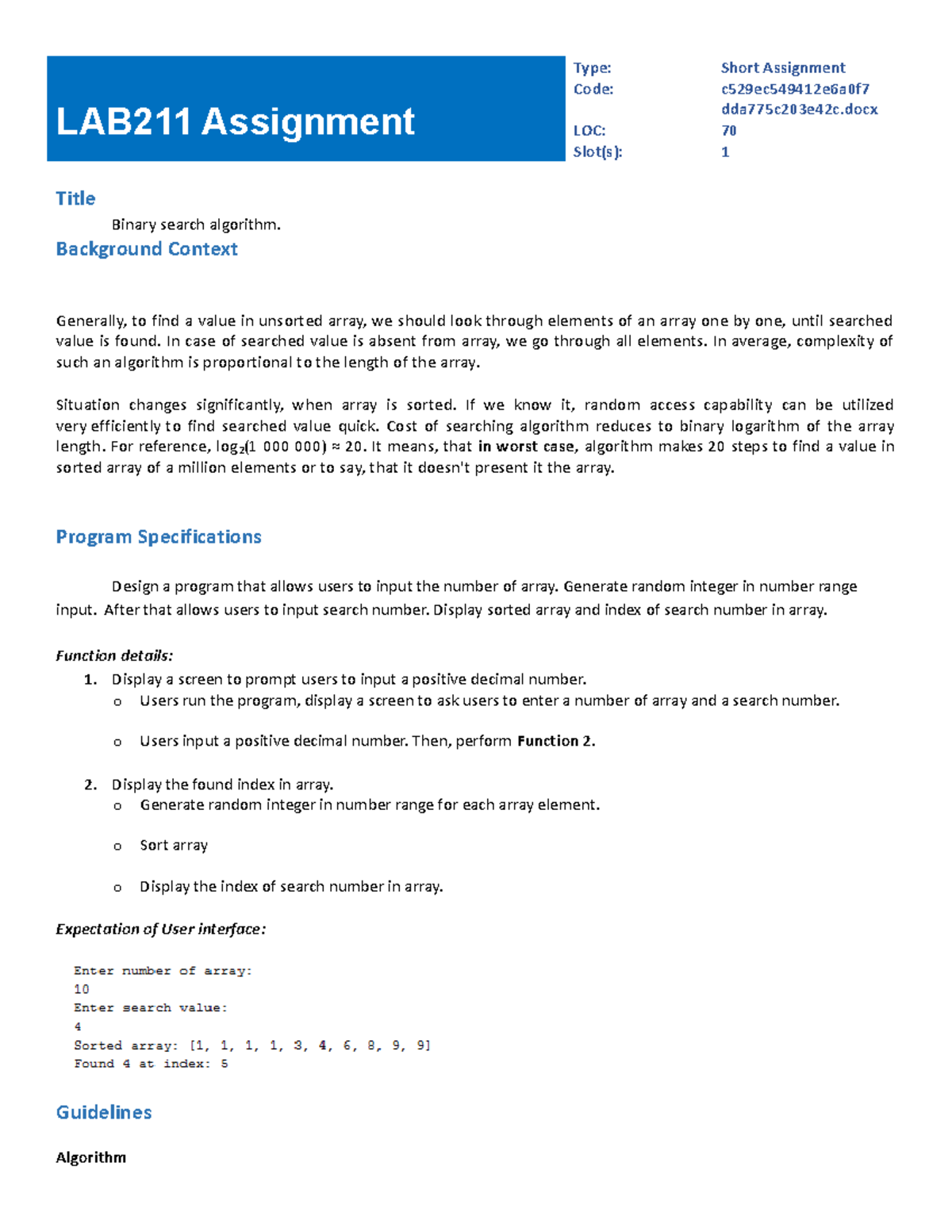 LAB211 Short Assignment: Implementing Binary Search Algorithm - Studocu