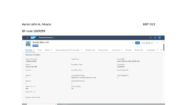 07Lab2-SAP-Muyco - Screenshots of SAP SIA - Aaron John A. Muyco BP num ...