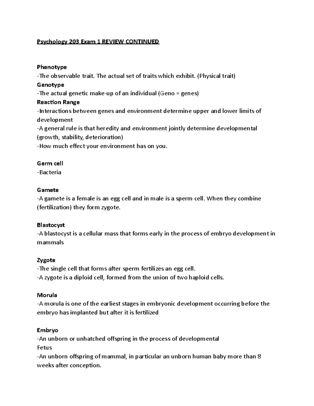 Psychology 203 Exam 1 Review: Genes, Development & Teratogens - Studocu