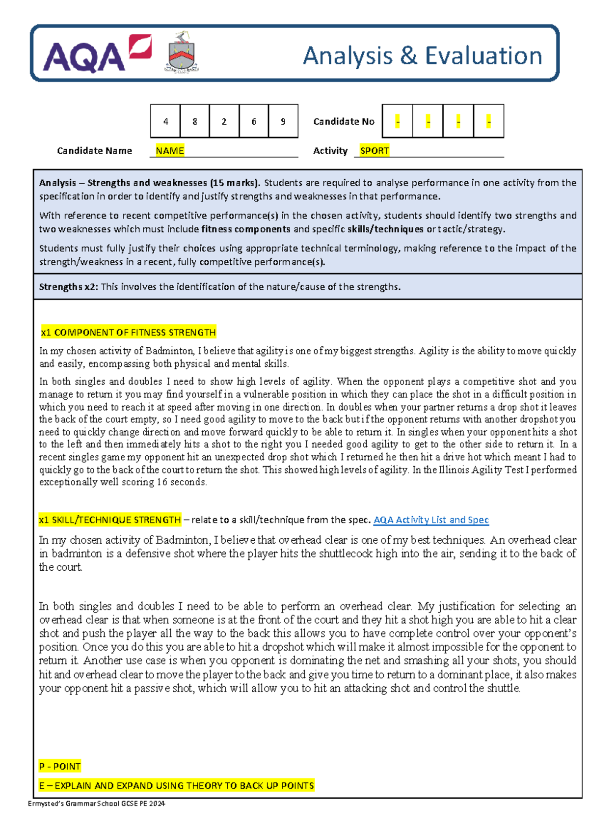 GCSE PE 2024: Analysis & Evaluation of Badminton Performance - Studocu