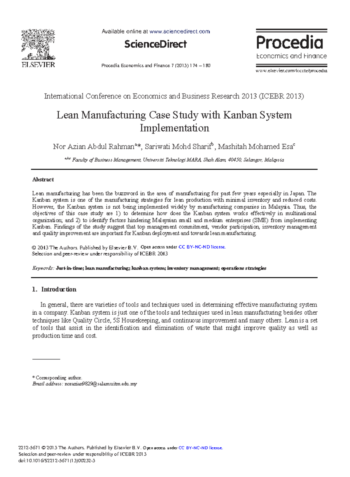 Lean Manufacturing Case Study: Kanban System Implementation (ICEBR 2013) - Studocu