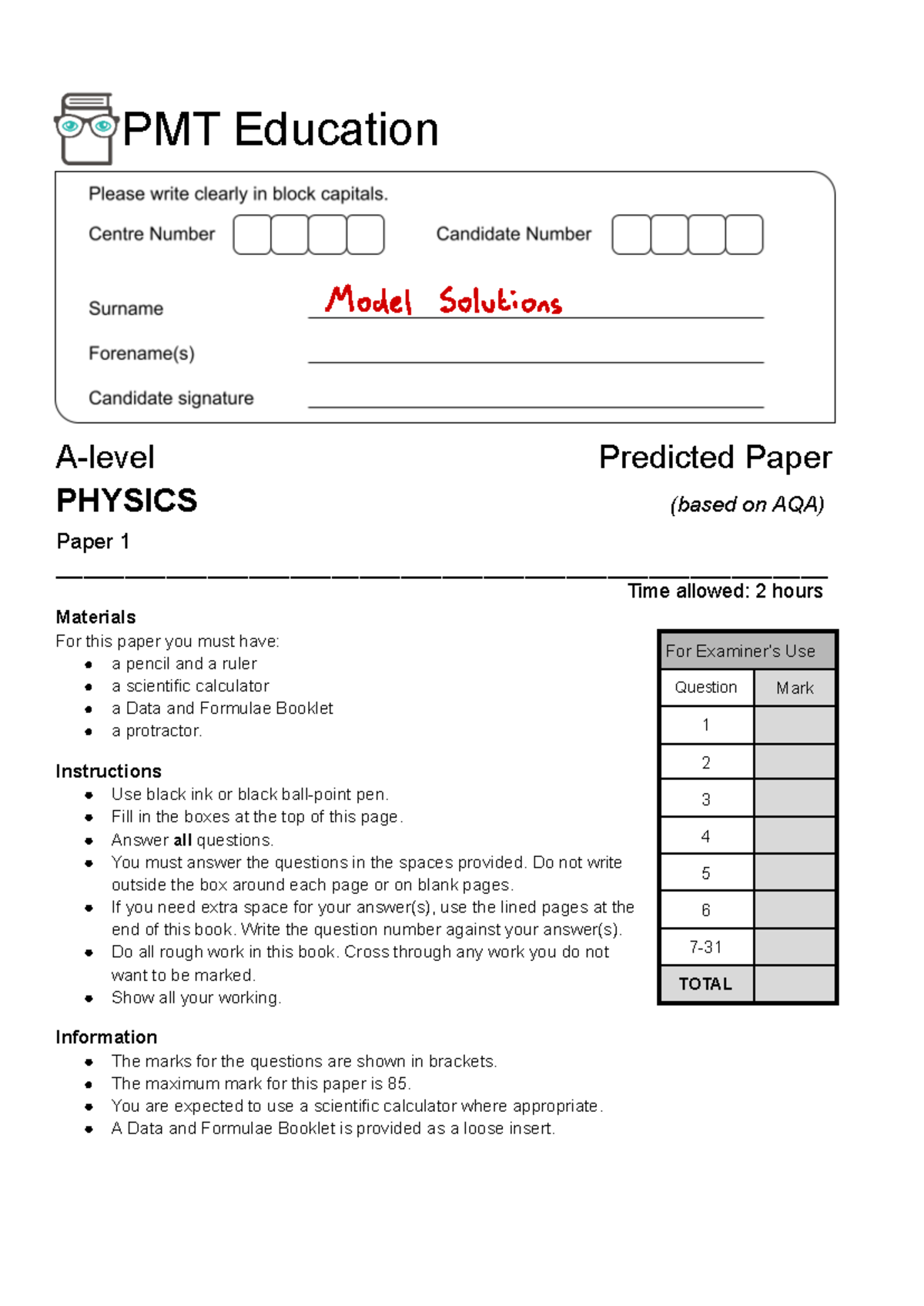 Paper 1 MA - PMT Predicted Paper 2025 - AQA Physics Exam Guide - Studocu