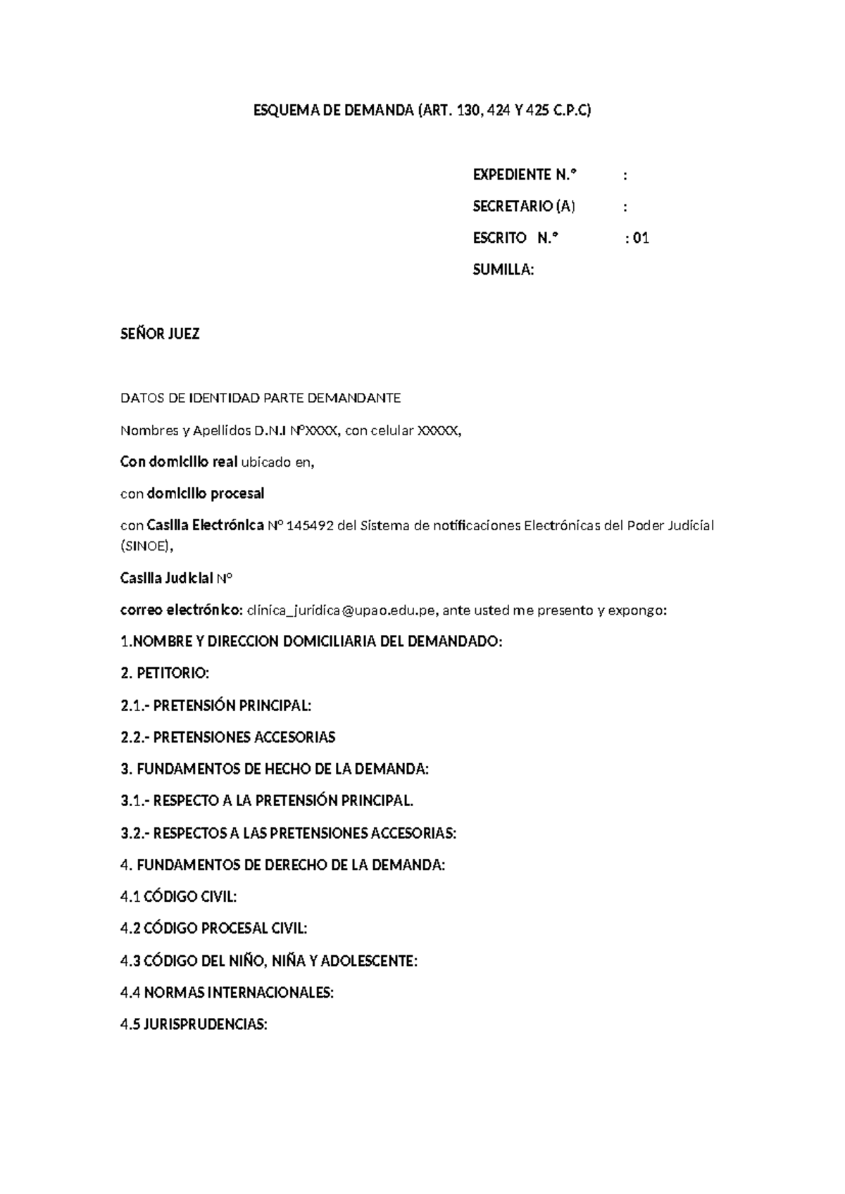 ESQUEMA DE DEMANDA (ART. 130, 424 Y 425 C.P.C) - EXPEDIENTE N.º 01 - Studocu