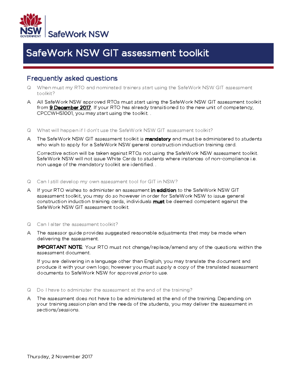 SafeWork NSW GIT Assessment Toolkit - FAQ Guide (Version 021117) - Studocu