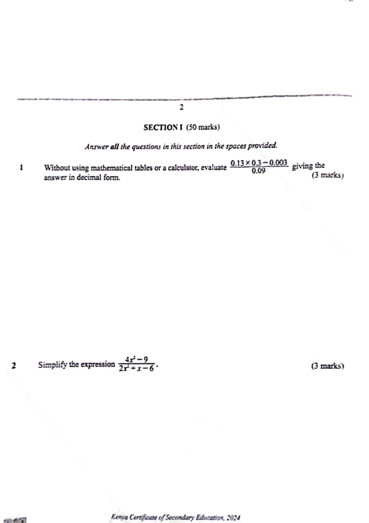Maths Pp1 Q - 2 SECTION I (50 marks) Answer all the questions in this ...