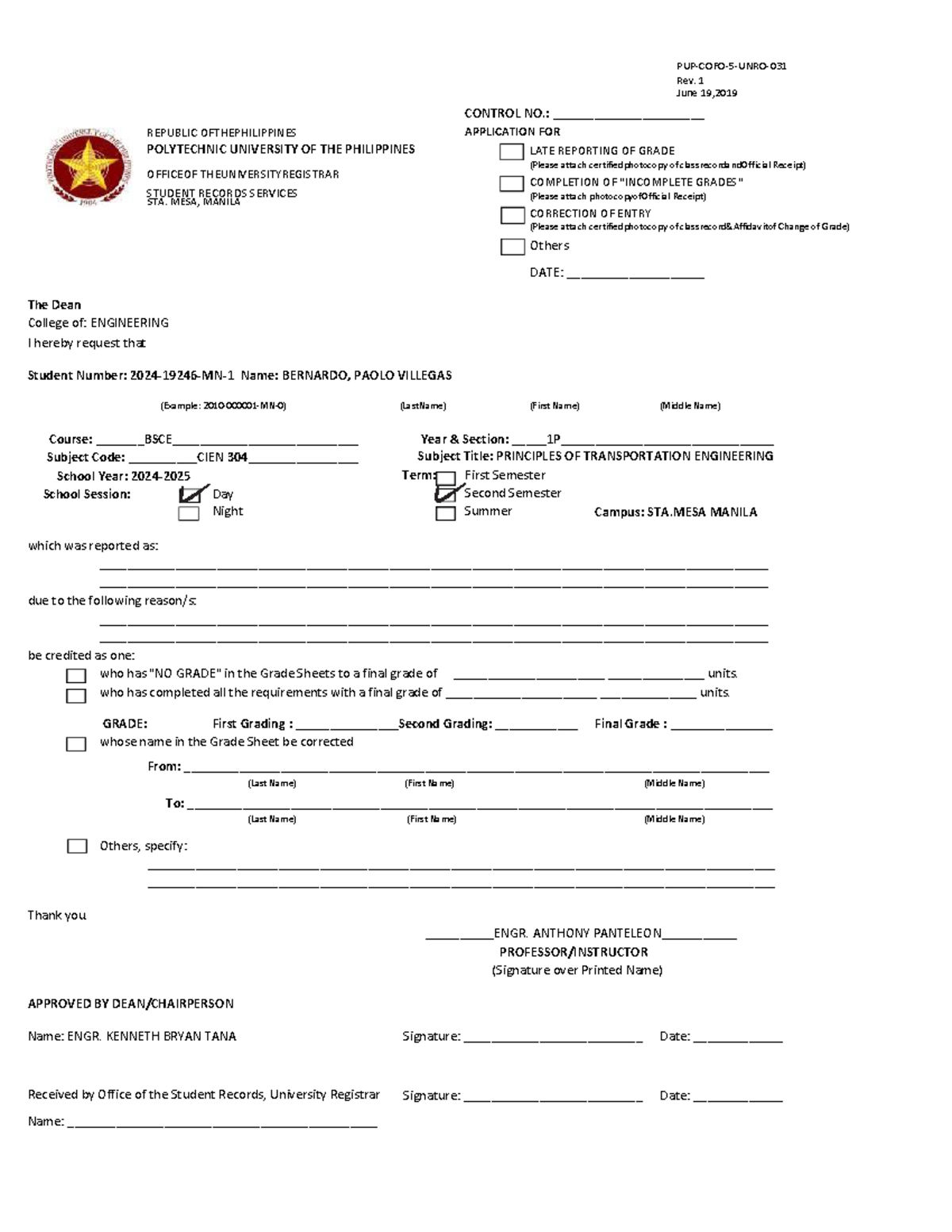 Application for Late Reporting of Grade - PUP Engineering - Studocu