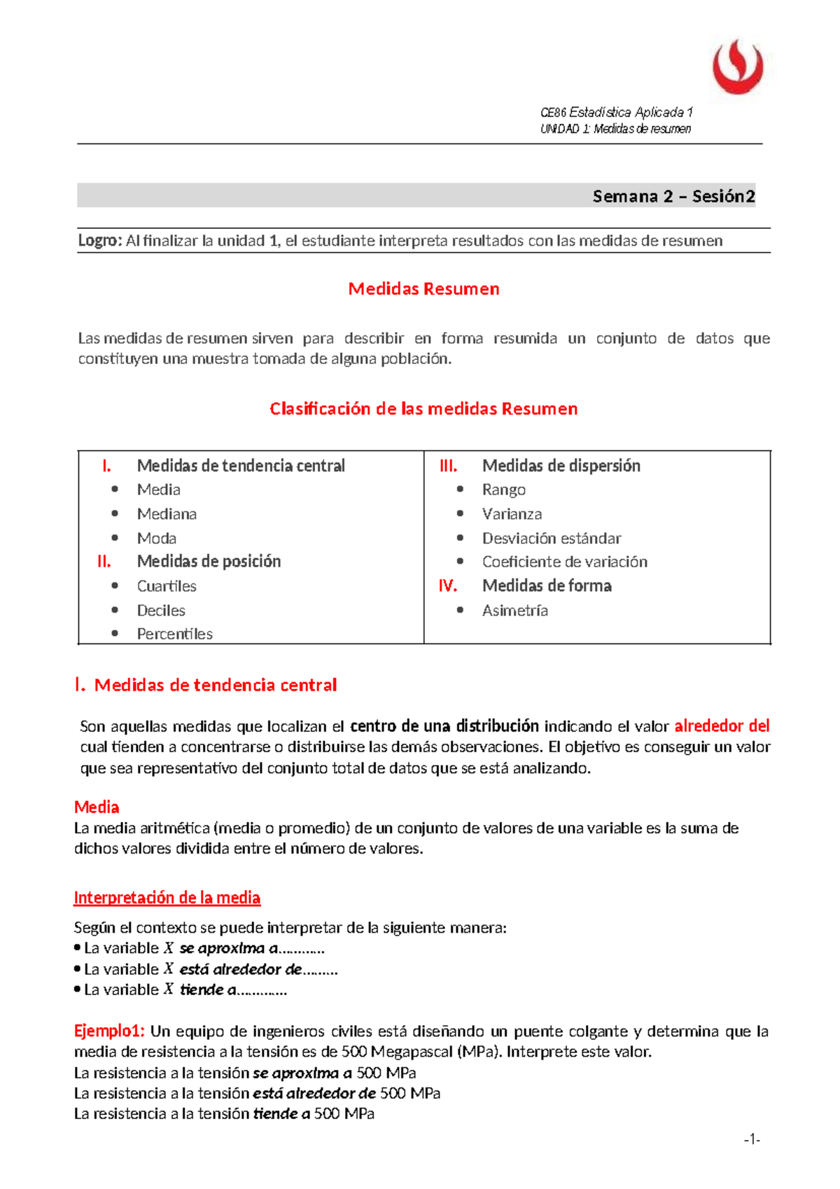 CE86 Estadística Aplicada 1: Medidas de Resumen - Unidad 1 - Studocu