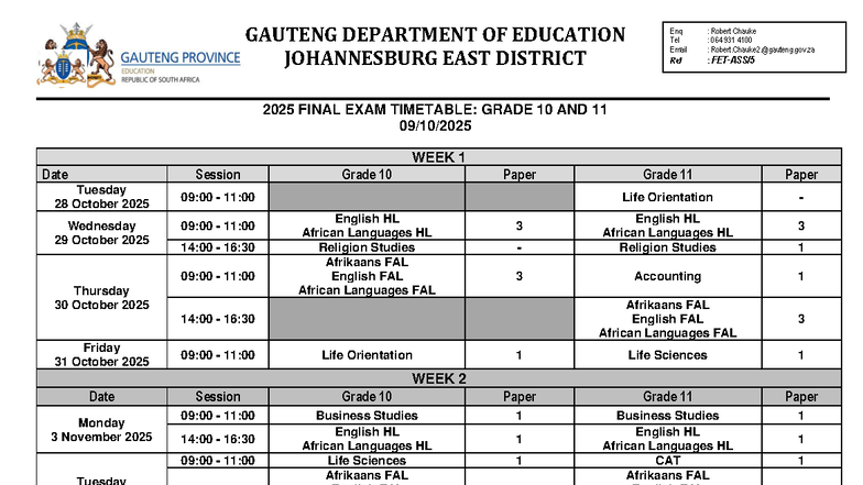 2025 Final Exam Timetable for Grade 10 & 11 - Studocu