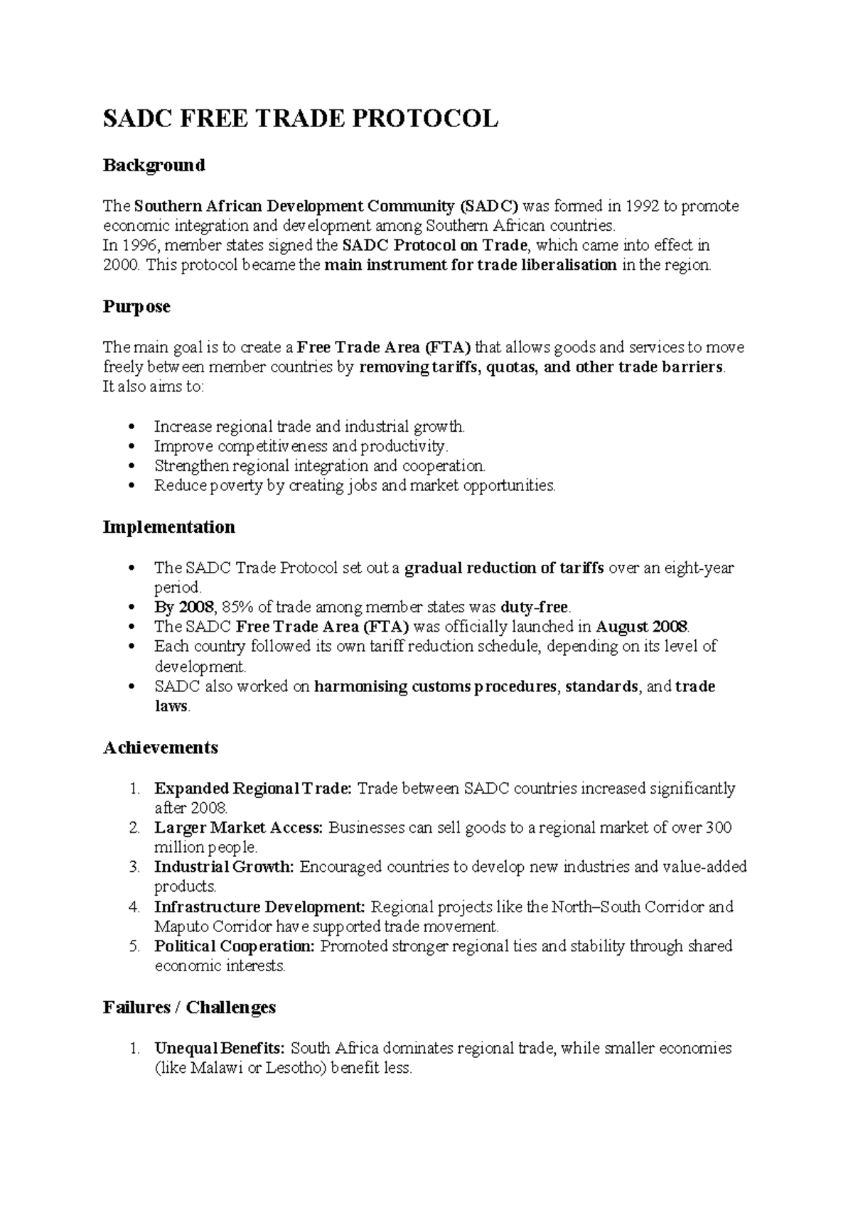 DEVS 101 Final Exam Notes on SADC Free Trade Protocol and AGOA - Studocu