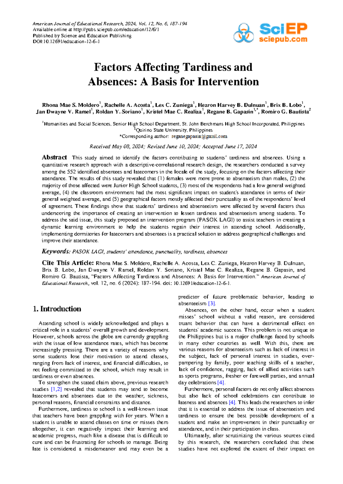 Education 12 6 1 - LECTURE: Factors Influencing Tardiness and Absences ...
