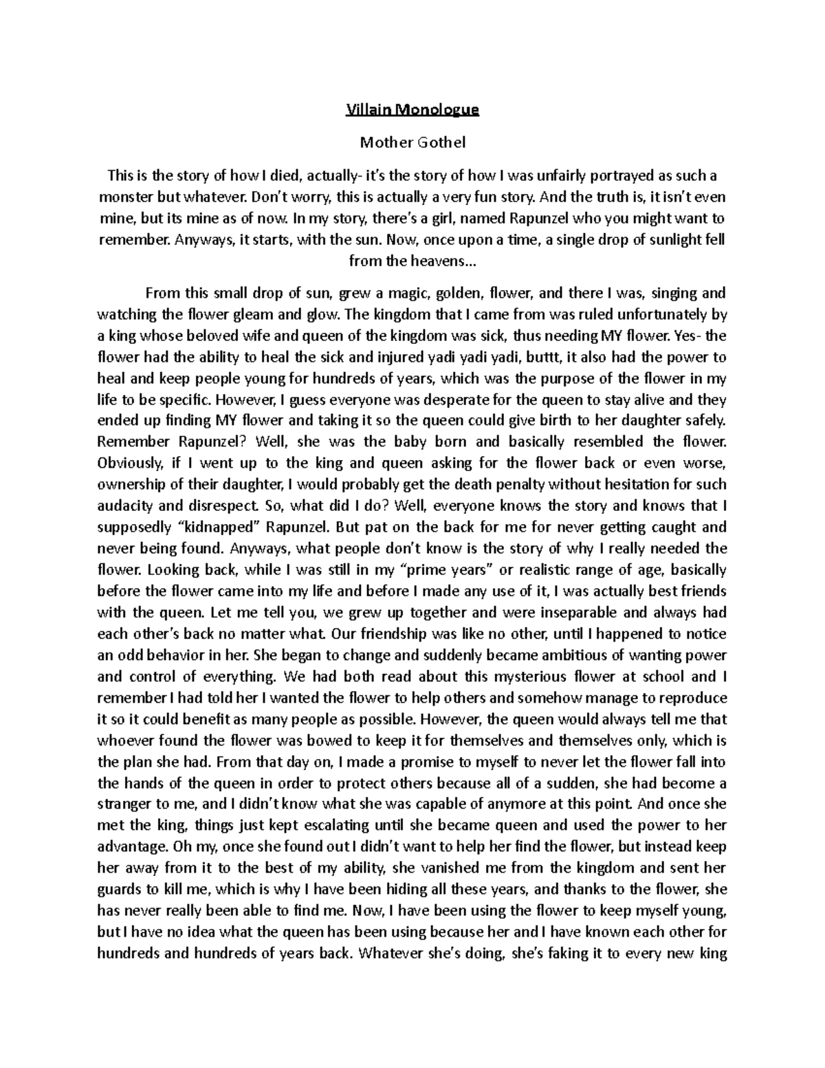 Villain Monologue: Mother Gothel's Story and Justifications - Studocu