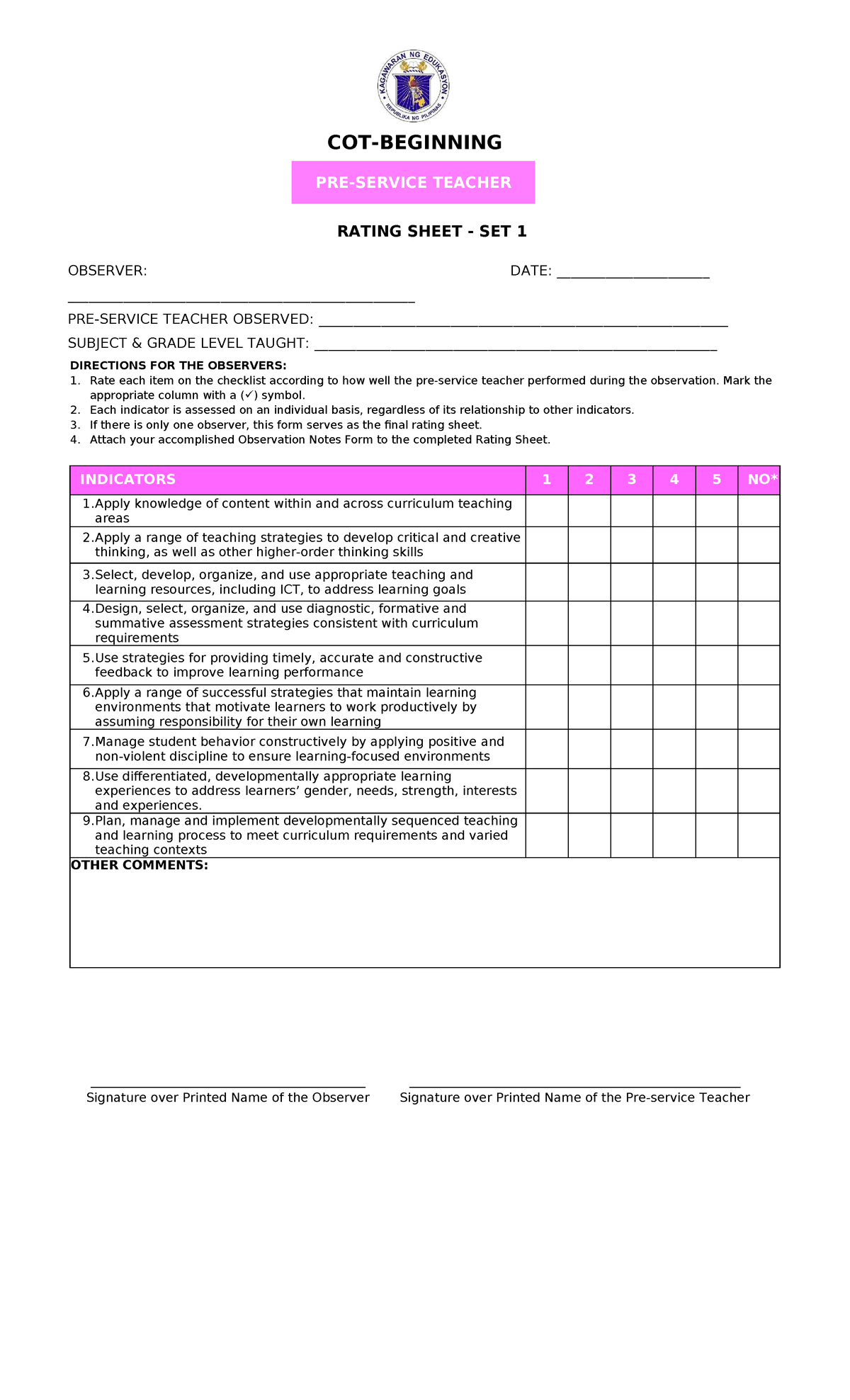 COT Beginning Set 1 Teacher Observation Rating Sheet - Studocu