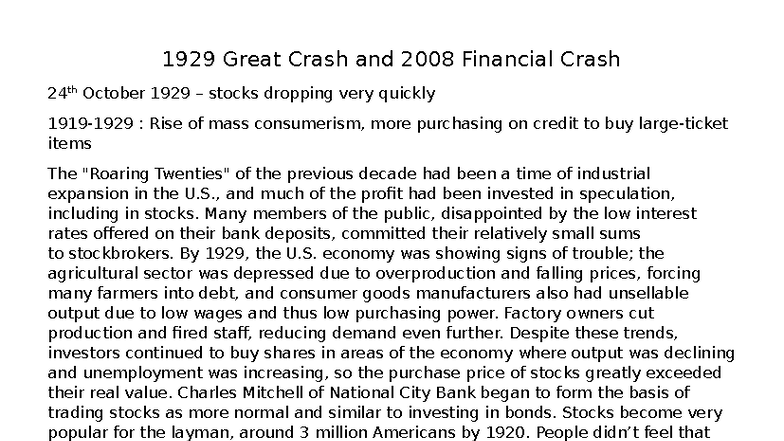 The Great Depression and 2008 Financial Crash - 1929 Great Crash and ...