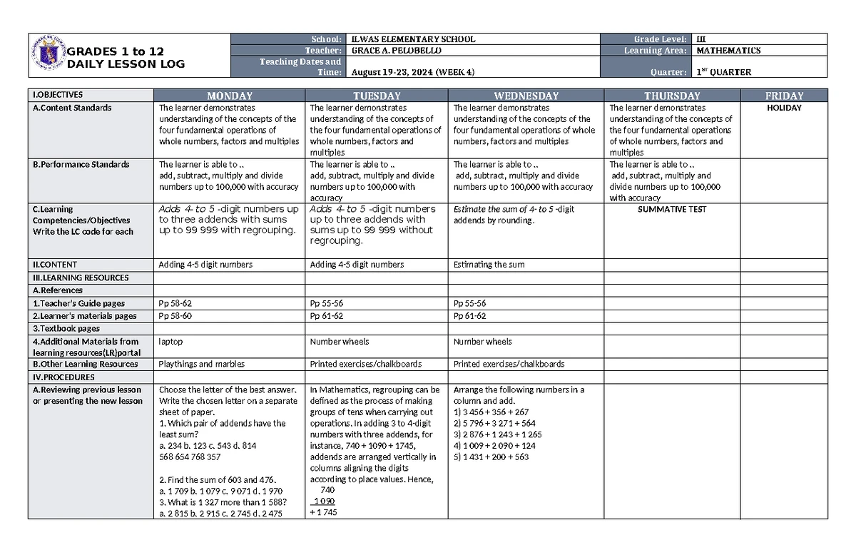 DLL Mathematics 3 Q1 W4 - Daily Lesson Log for Grades 1-12 - Studocu