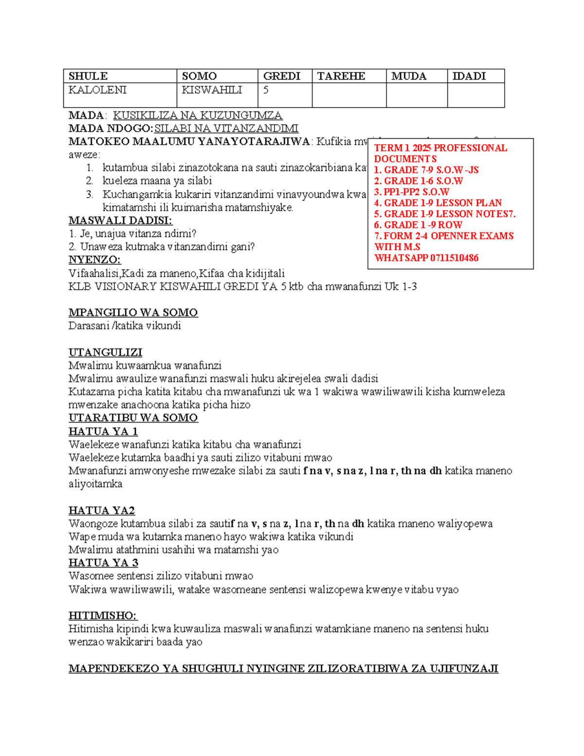KISW G5 - Lesson Plan: Listening and Speaking Skills in Kiswahili - Studocu