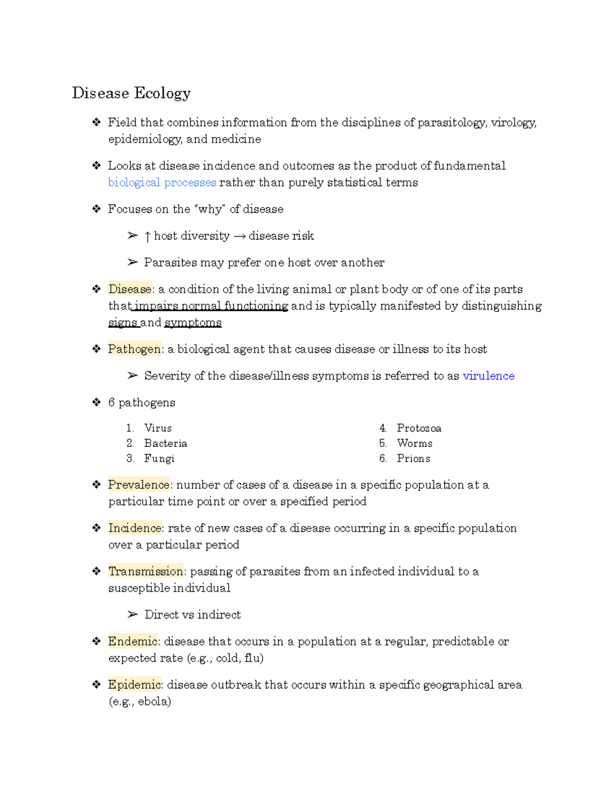 MCB 2000 - Disease Ecology and Epidemiology Notes - Studocu