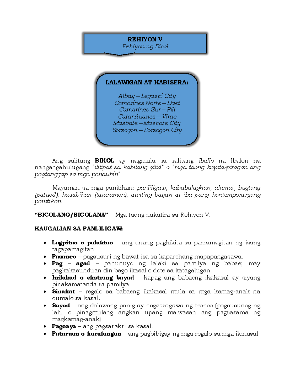 Panitikan ng Bicol: Kultura at Tradisyon sa Rehiyon V - Studocu