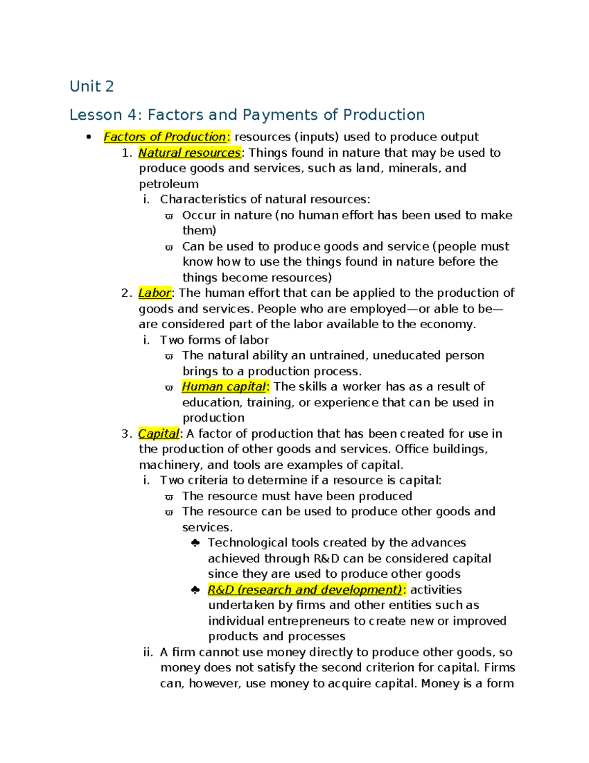 Unit 2, Module 1, Lesson 4: Factors & Payments of Production - Studocu