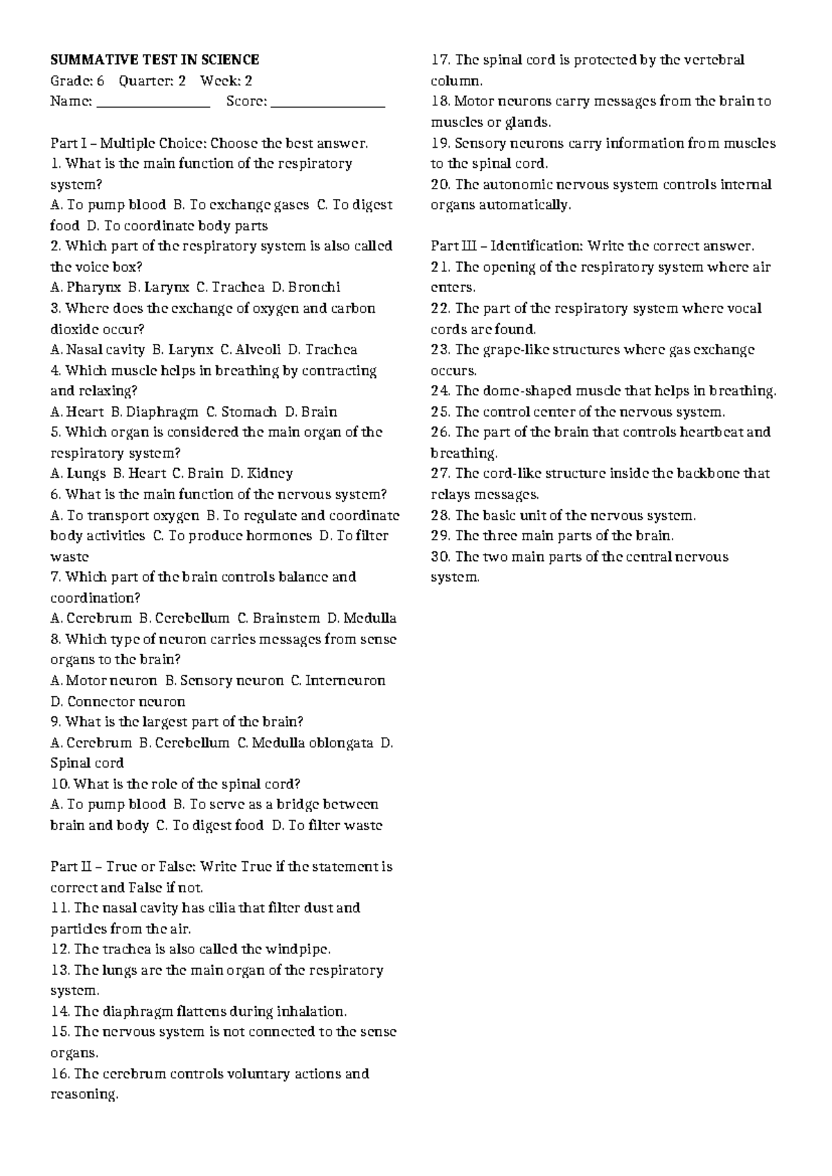 SUMMATIVE TEST IN SCIENCE G6 Q2 W2: Respiratory & Nervous Systems - Studocu