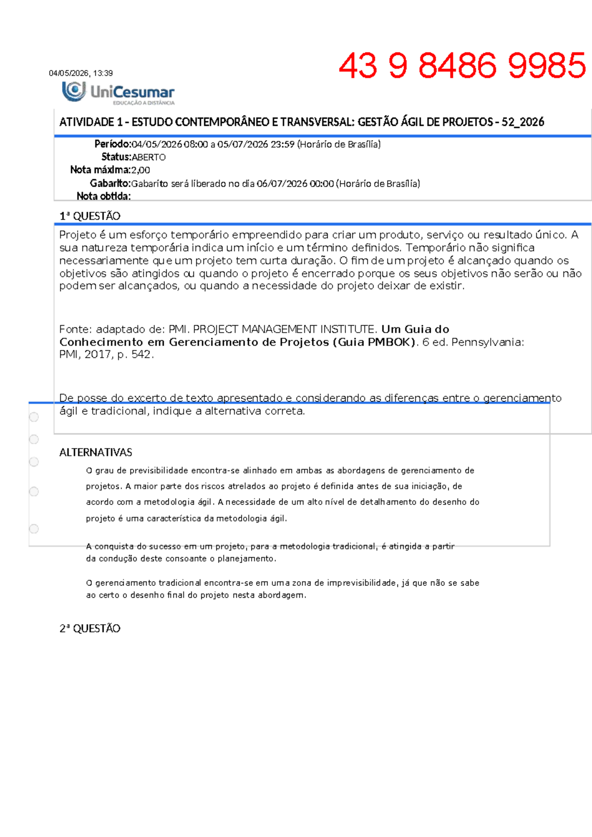 Atividade 1 - Estudo Contemporâneo e Transversal: Gestão Ágil de ...