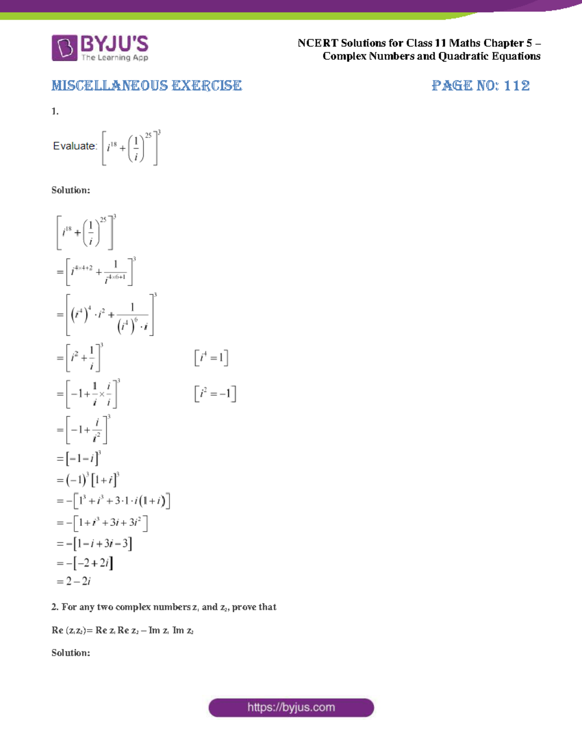NCERT Solutions for Class 11 Maths Chapter 5: Complex Numbers ...
