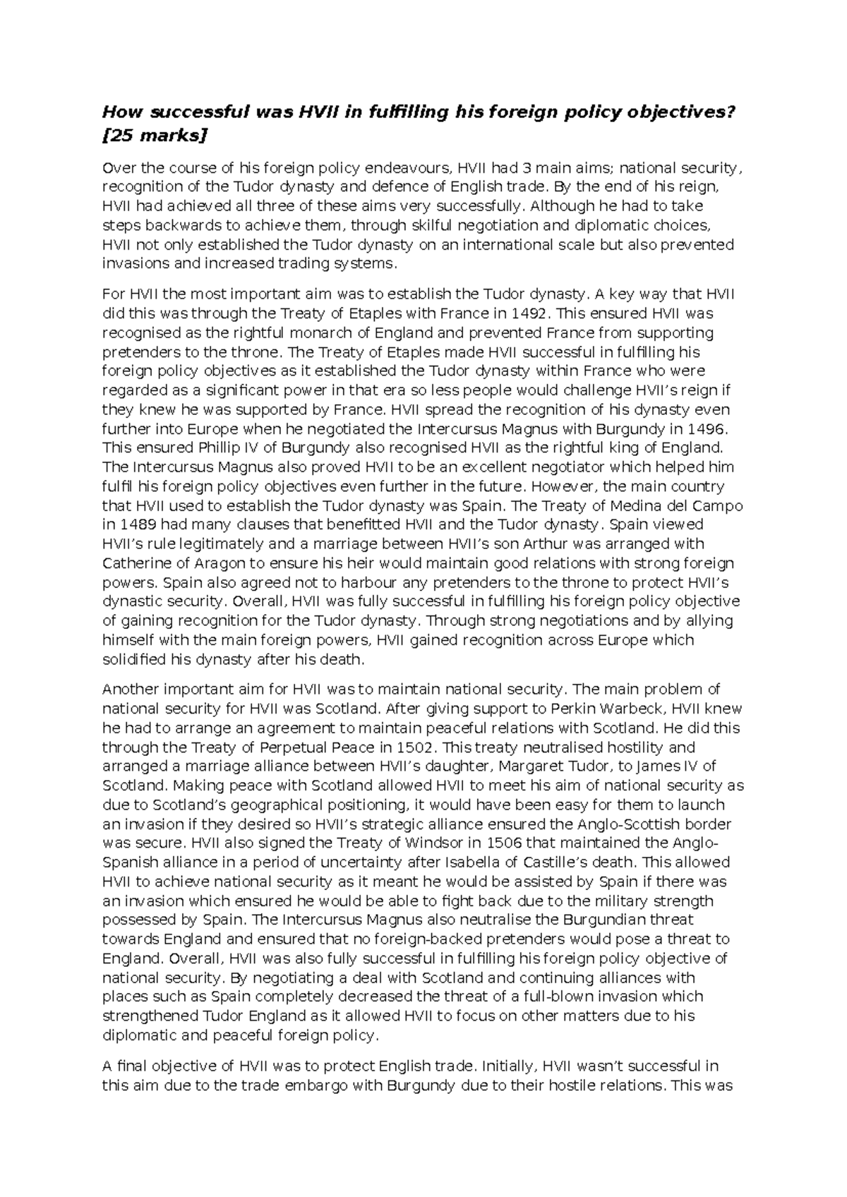 AO1 Essay - Evaluating HVII's Success in Foreign Policy Objectives ...