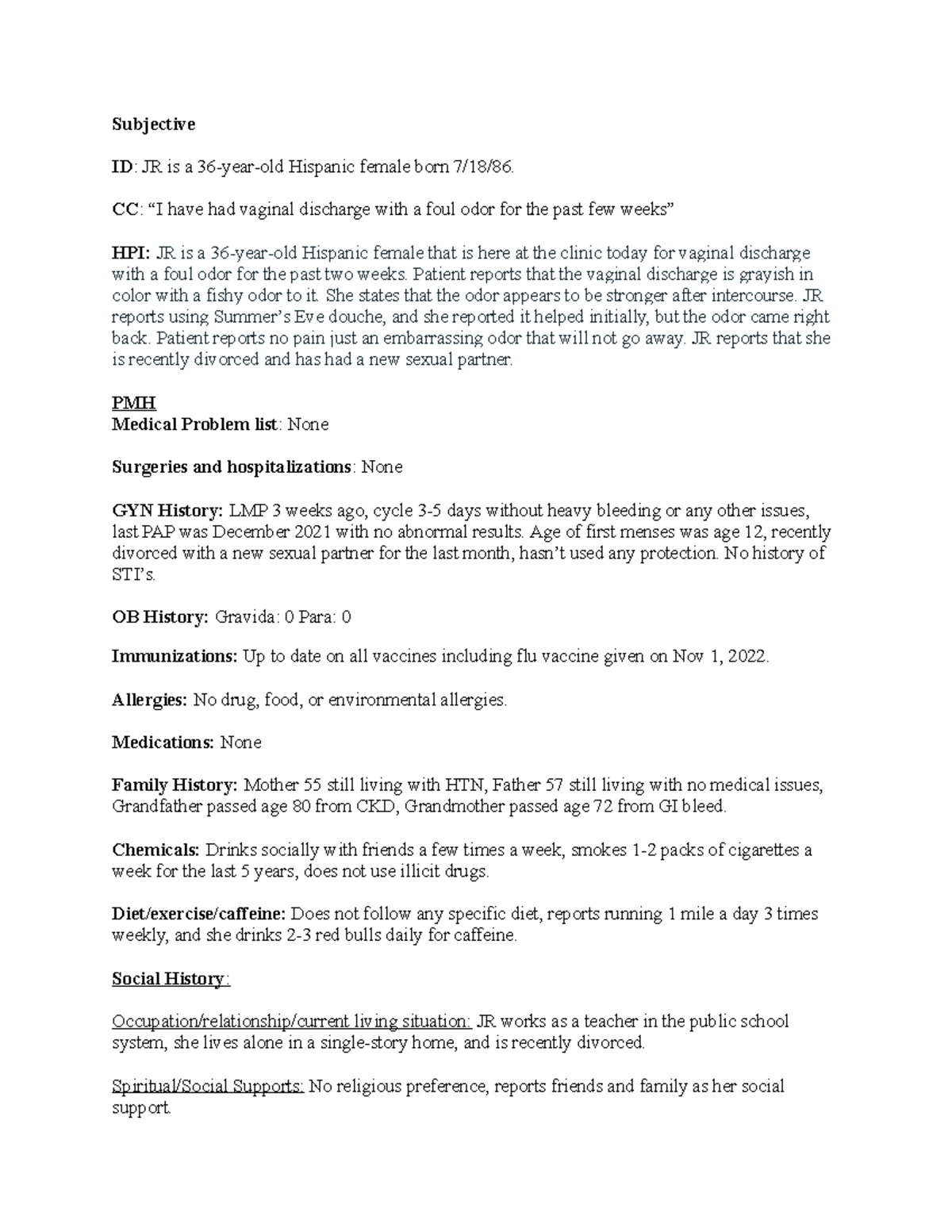 BV WH SOAP Note for Patient JR - Case Study Analysis - Studocu
