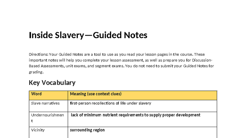 Guided Notes on Slavery: Key Insights and Daily Life (HIST 102) - Studocu